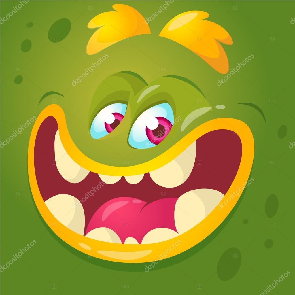Cartoon monster face. Vector Halloween green monster avatar with wide ...