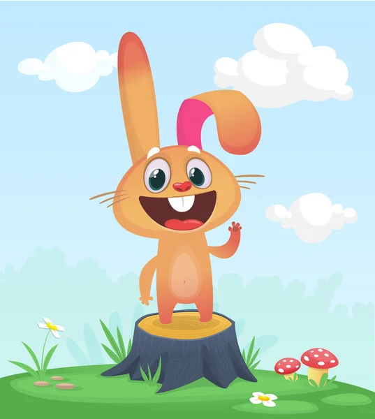 Cartoon Funny Happy Rabbit Standing Summer Meadow Tree Stump Vector ...