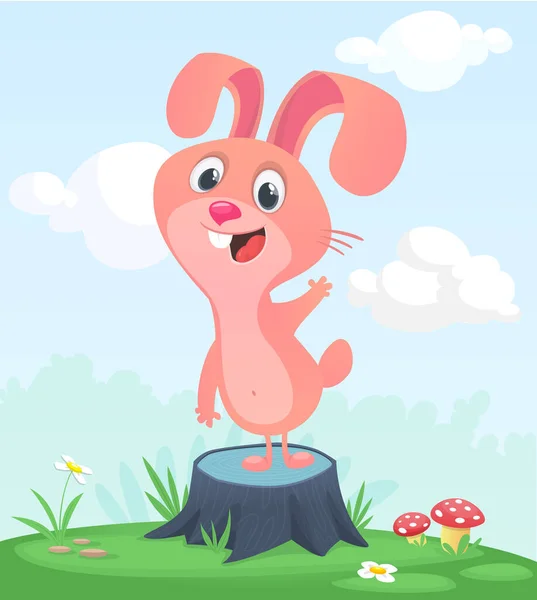 Cartoon Funny Happy Rabbit Standing Summer Meadow Tree Stump Vector ...