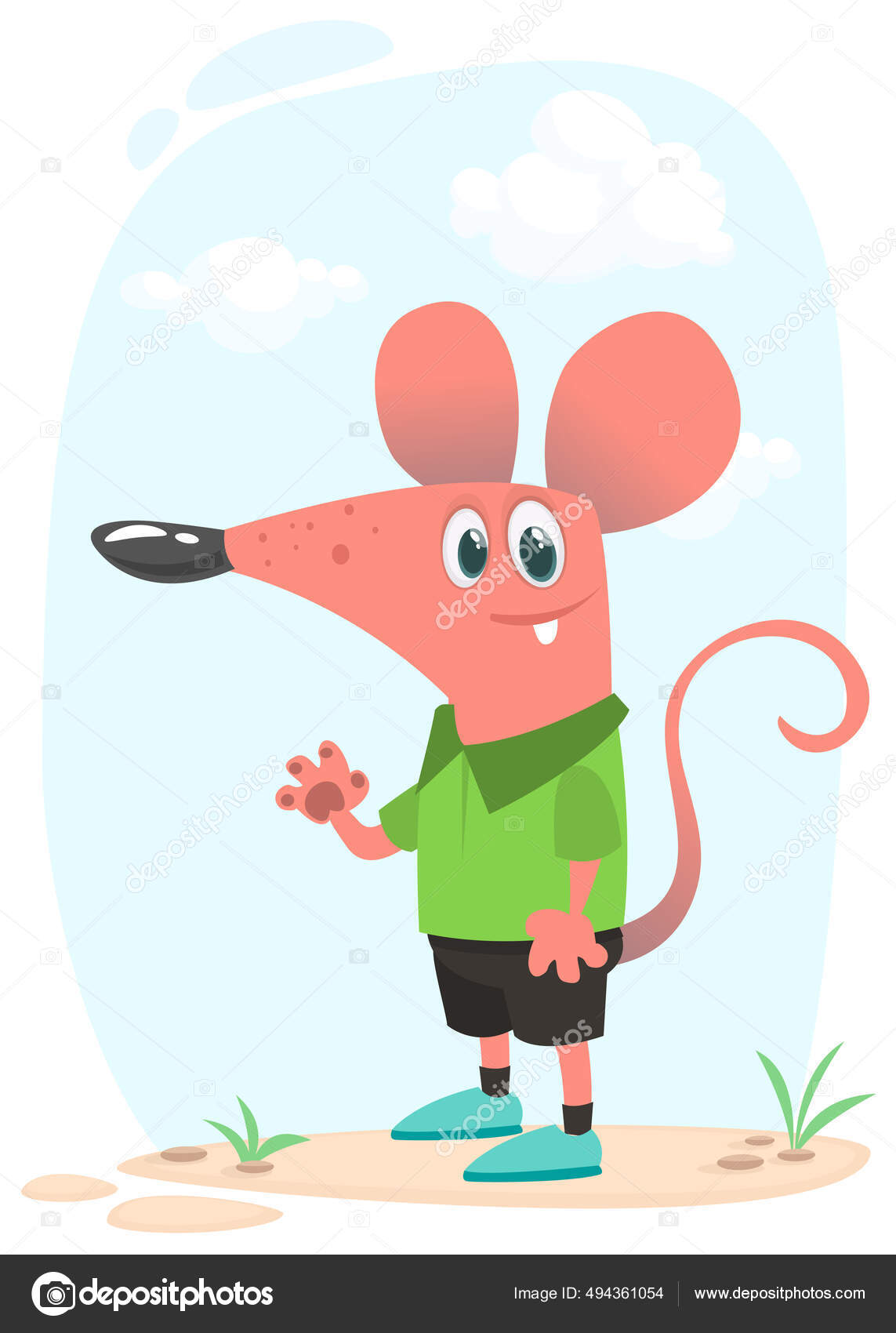 Cartoon Funny Happy Mouse Standing Summer Meadow Tree Stump Vector ...