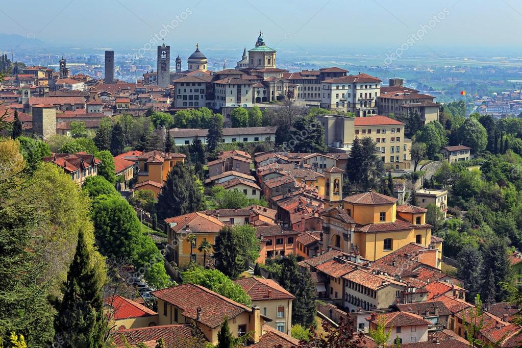 View at Old Town Citta Alta of Bergamo from San Vigilio Hill. Bergamo ...