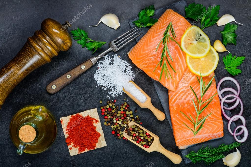 Red Salmon Fish Fillet with Cooking ingredients, Herbs and Spice Stock ...