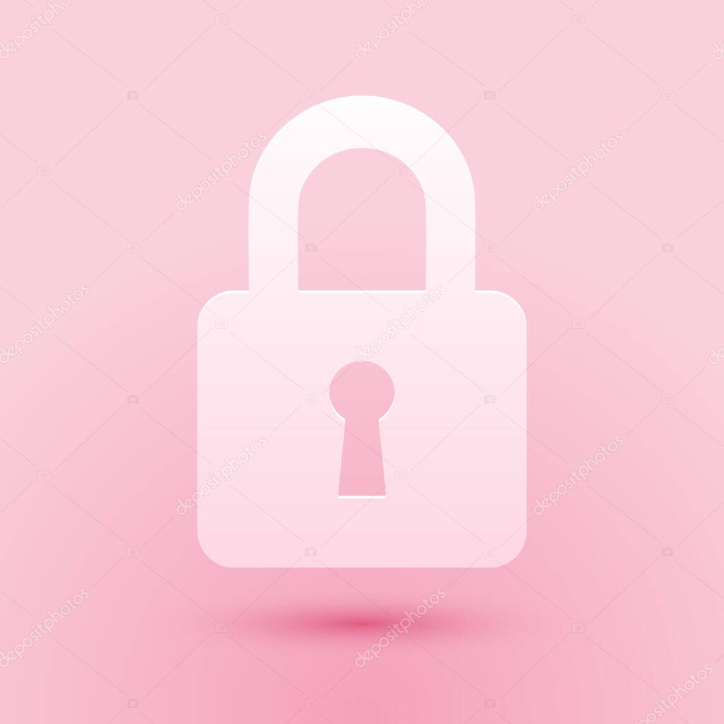 Corte de papel Icono de bloqueo aislado sobre fondo rosa. Señal de ...