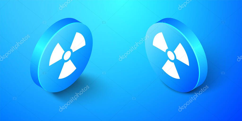 Icono isométrico radiactivo aislado sobre fondo azul. Símbolo tóxico ...