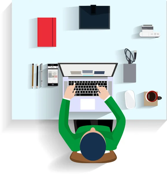 Workplace office top view - vector illustration ; workers and business ...