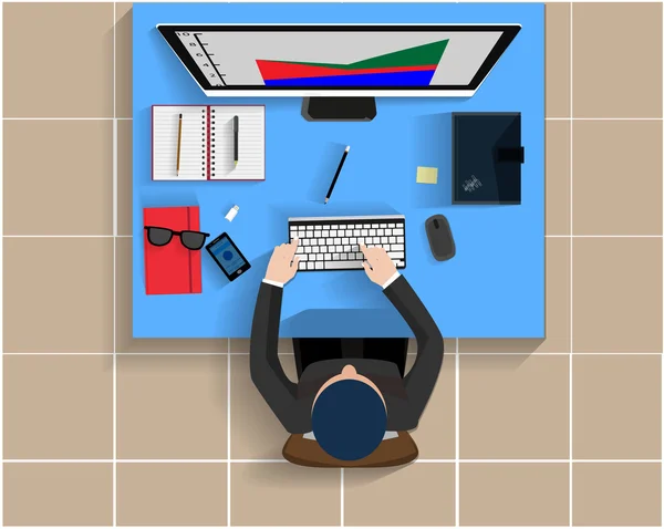 Workplace office top view - vector illustration ; workers and business ...