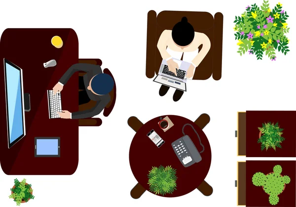Workplace office top view - vector illustration ; workers and business ...