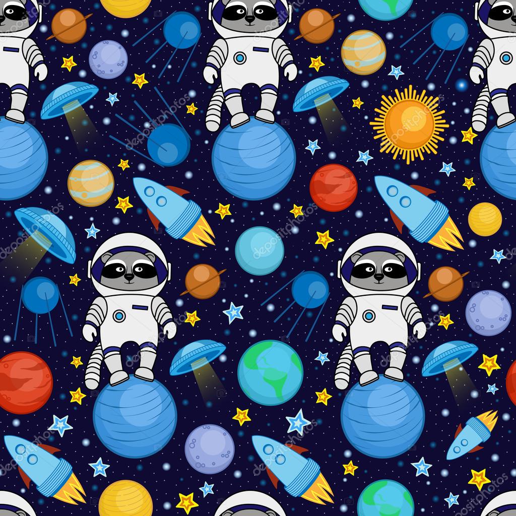 Seamless cartoon space pattern - raccoon astronaut, spaceship, planets ...