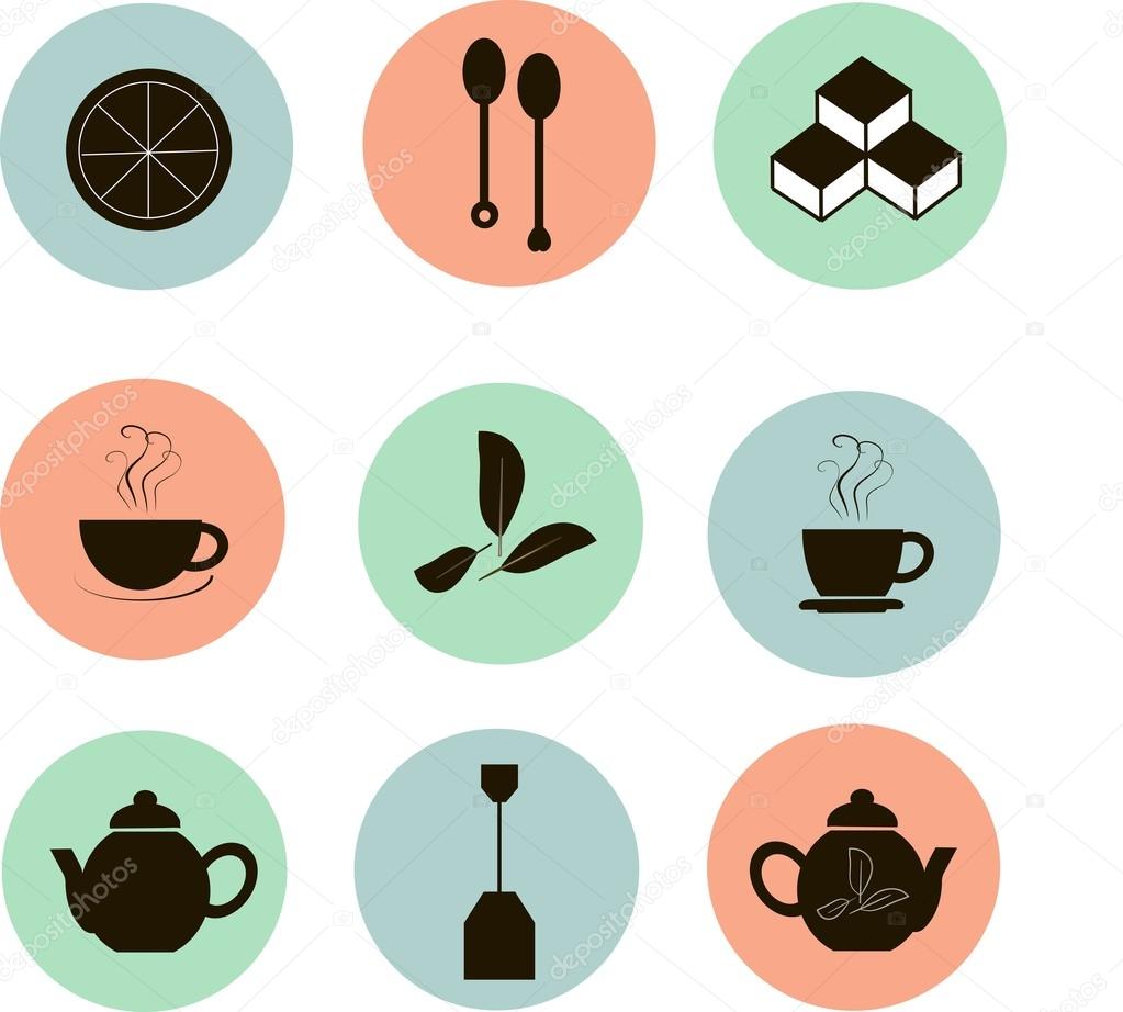 Tea icons, black marks on the red, blue, green, white background, flat ...