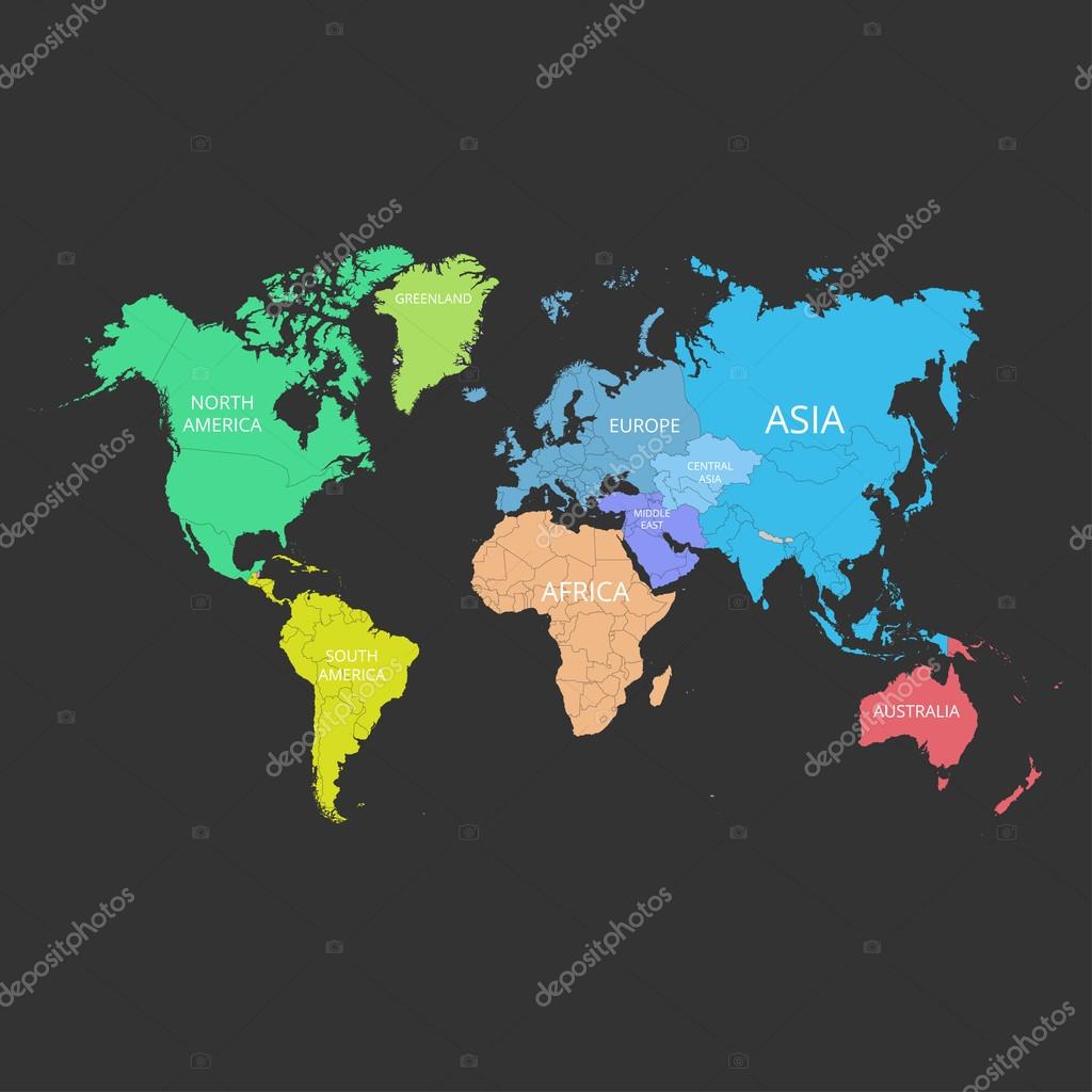 World map with the names of the continents. Vector illustration. Stock ...