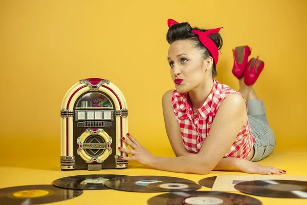 Close up portrait beautiful pin up girl with old vinil records Stock ...