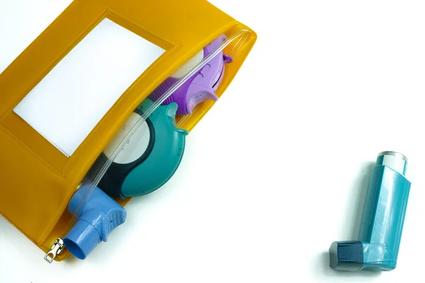 Asthma relief concept, salbutamol inhalers, medication and paper Stock ...