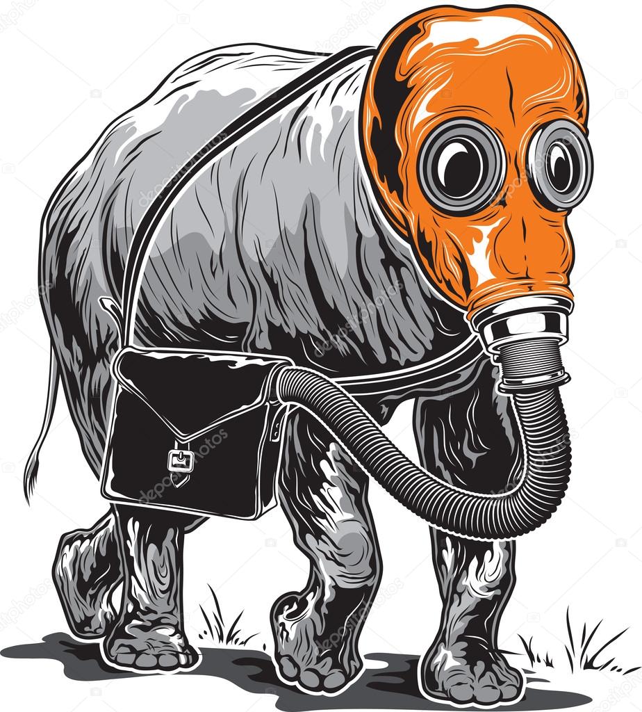 Strange elephant in an orange gas mask with a briefcase on its s Stock ...