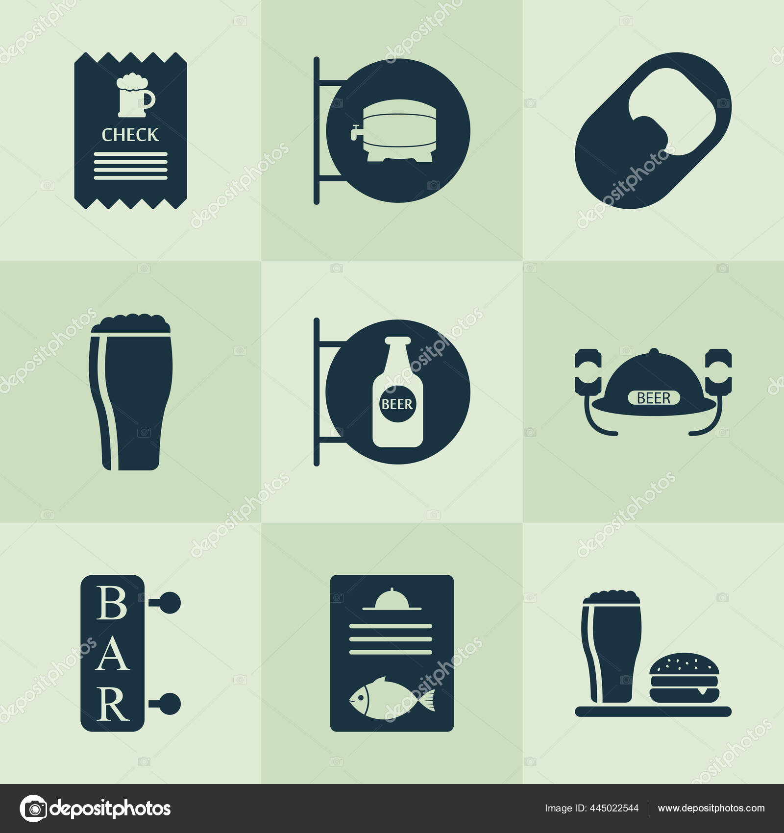Beverages icons set with check, opener, ale sign and other placard ...