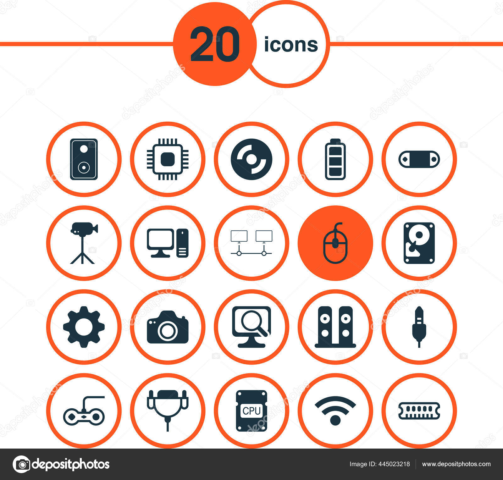 Computer icons set with scan computer, central processor unit, audio ...