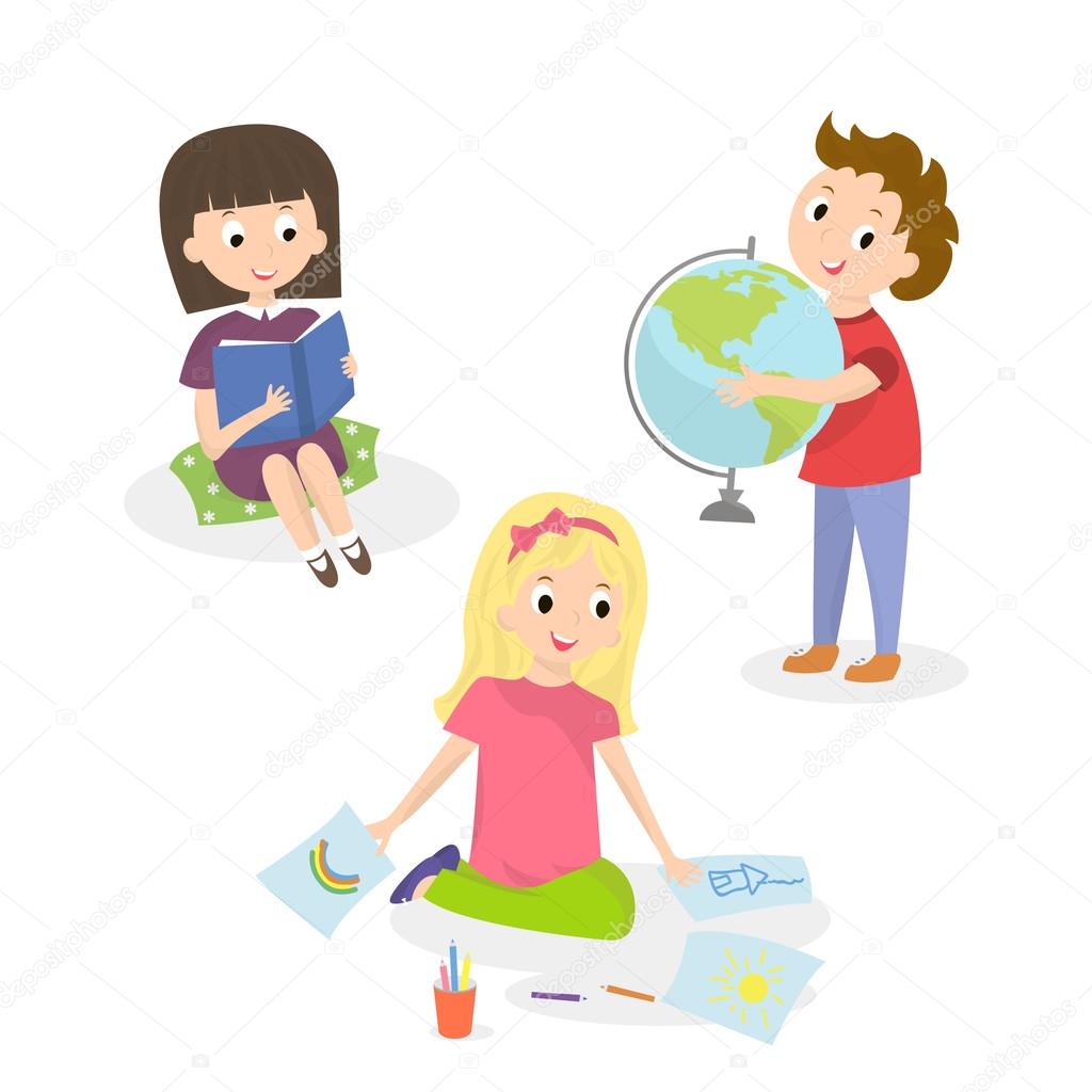 Kids doing different activities. Children painting and study. Vector ... Kids doing different activities. Children painting and study. Vector ...