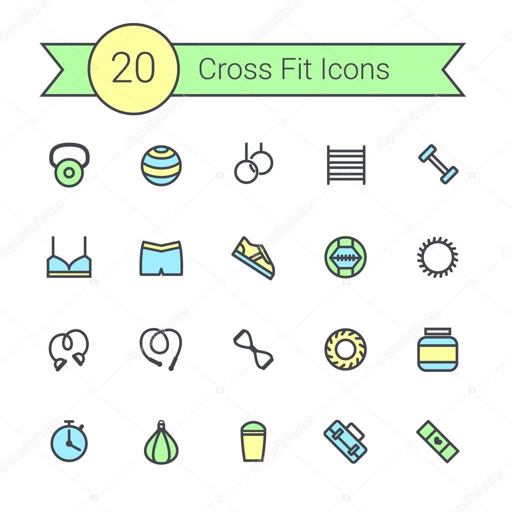 Set of crossfit gym equipment color line icons of dumbbells, fitball ...