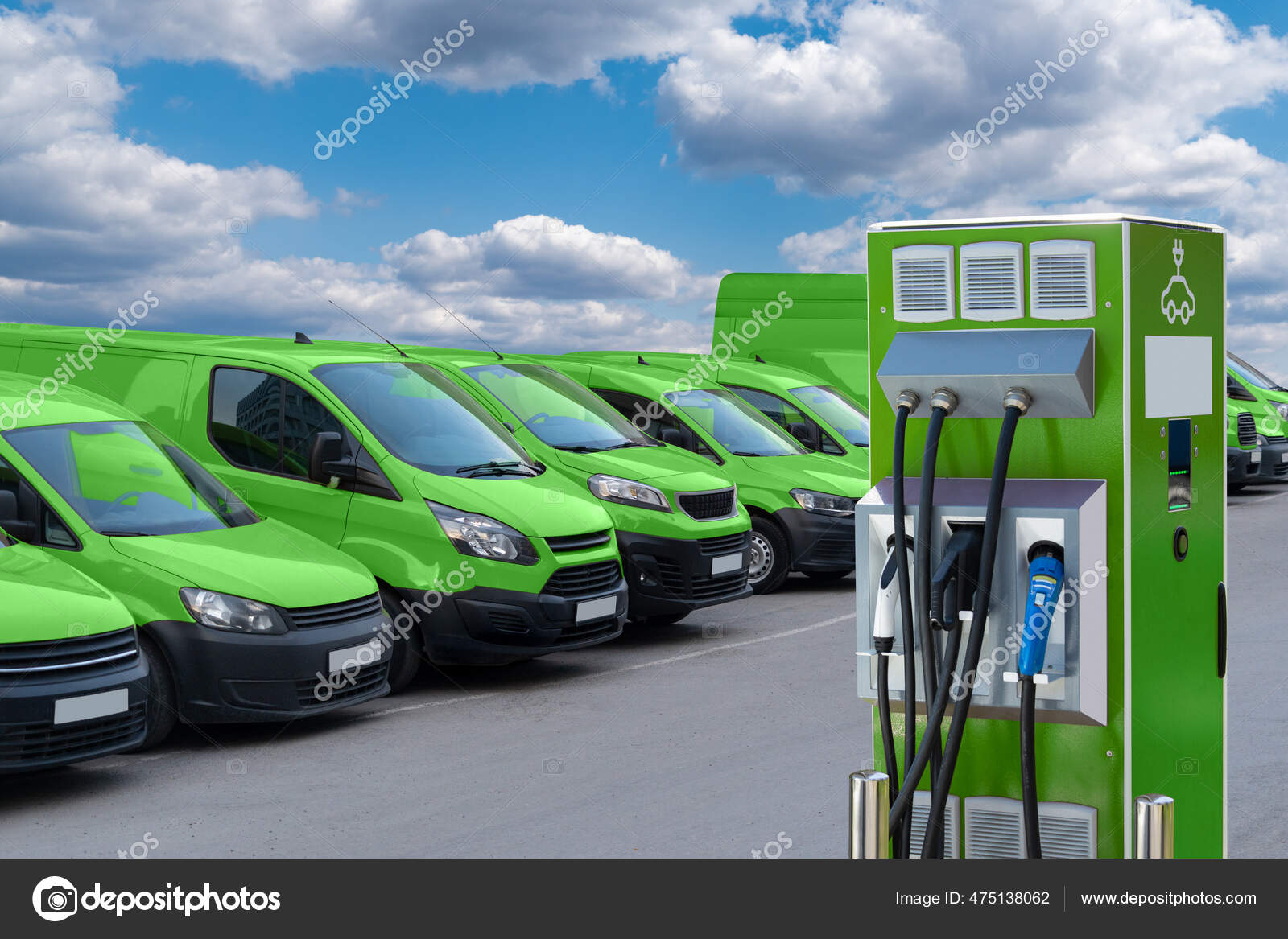Electric Vehicles Charging Station Background Row Vans Green ...