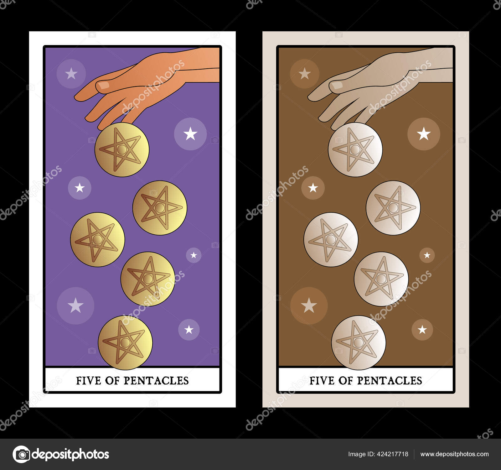 Five Pentacles Tarot Cards Hand Letting Five Golden Pentacles Clouds ...