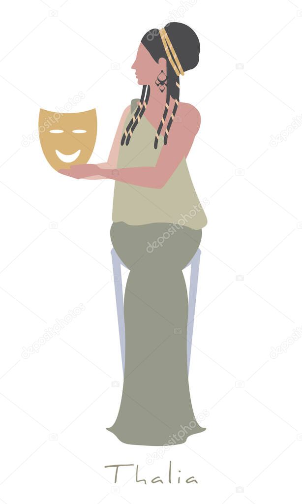 Chica vestida al estilo griego antiguo, sosteniendo una máscara teatral ...