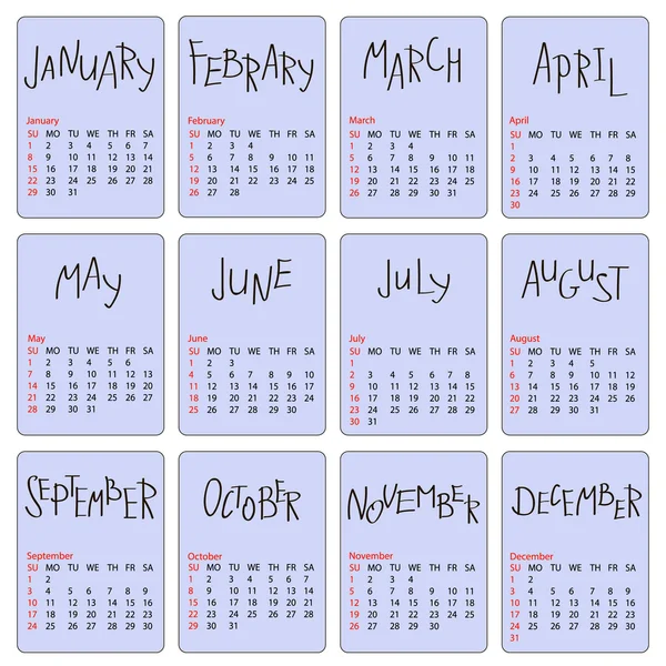 Handwritten names of months. 2017 calendar template. First day Sunday ...