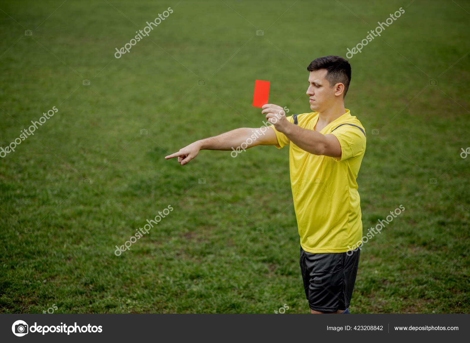Angry Football Referee Showing Red Card Pointing His Hand Penalty ...