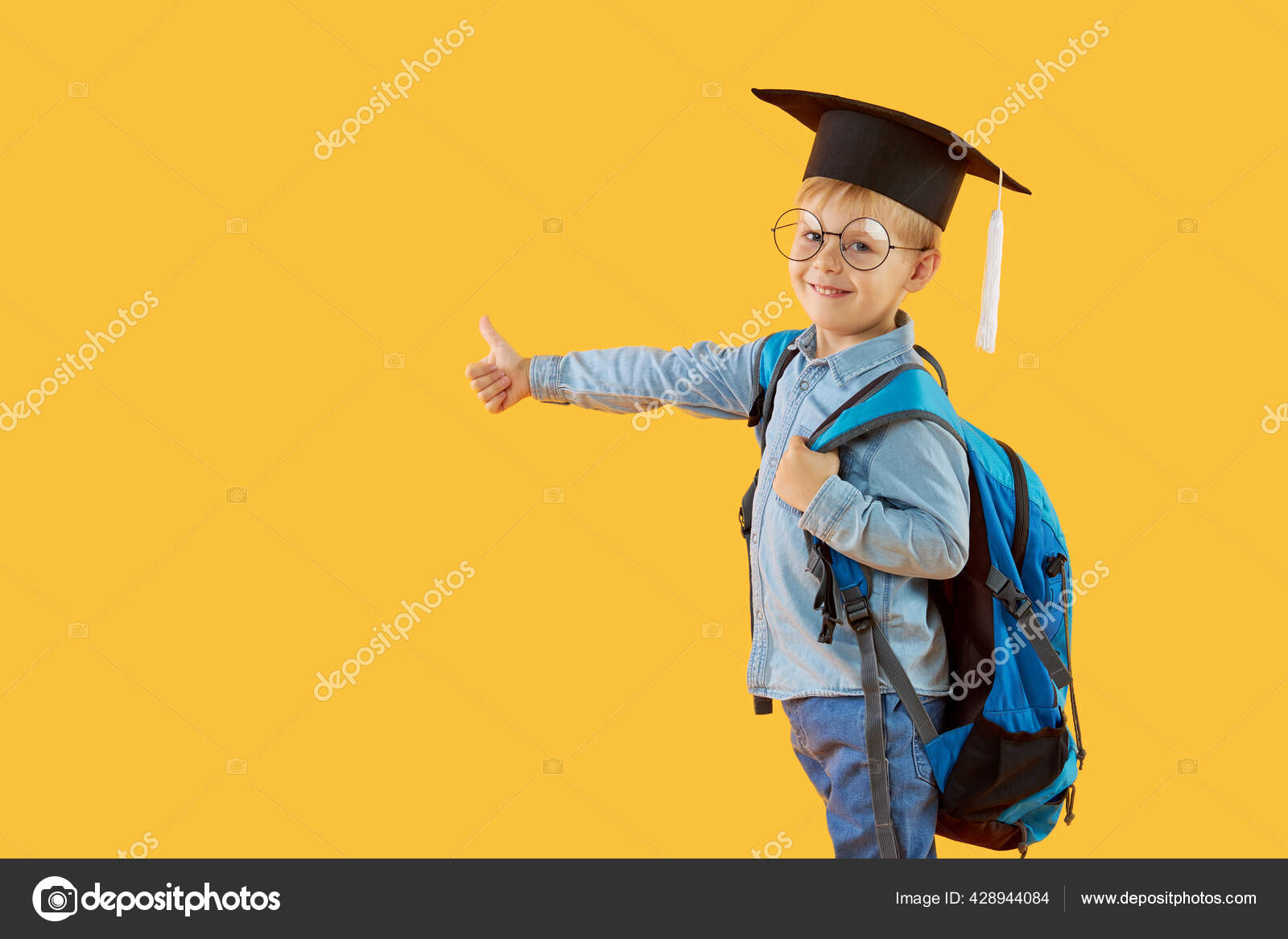 Child Boy Primary School Student Graduate Cap Glasses Backpack Yellow ...