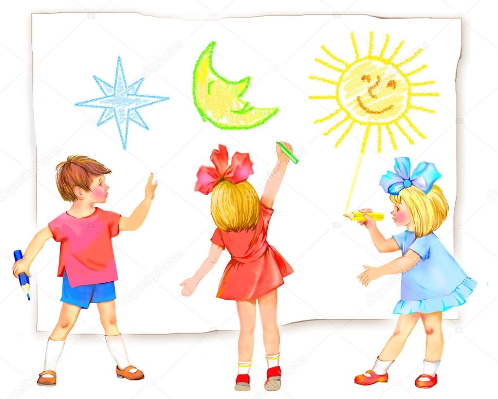 Illustration of three children drawing picture. Stock Illustration by ...