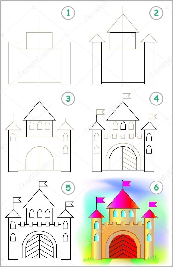 Page shows how to learn step by step to draw a caste. Stock Vector ...