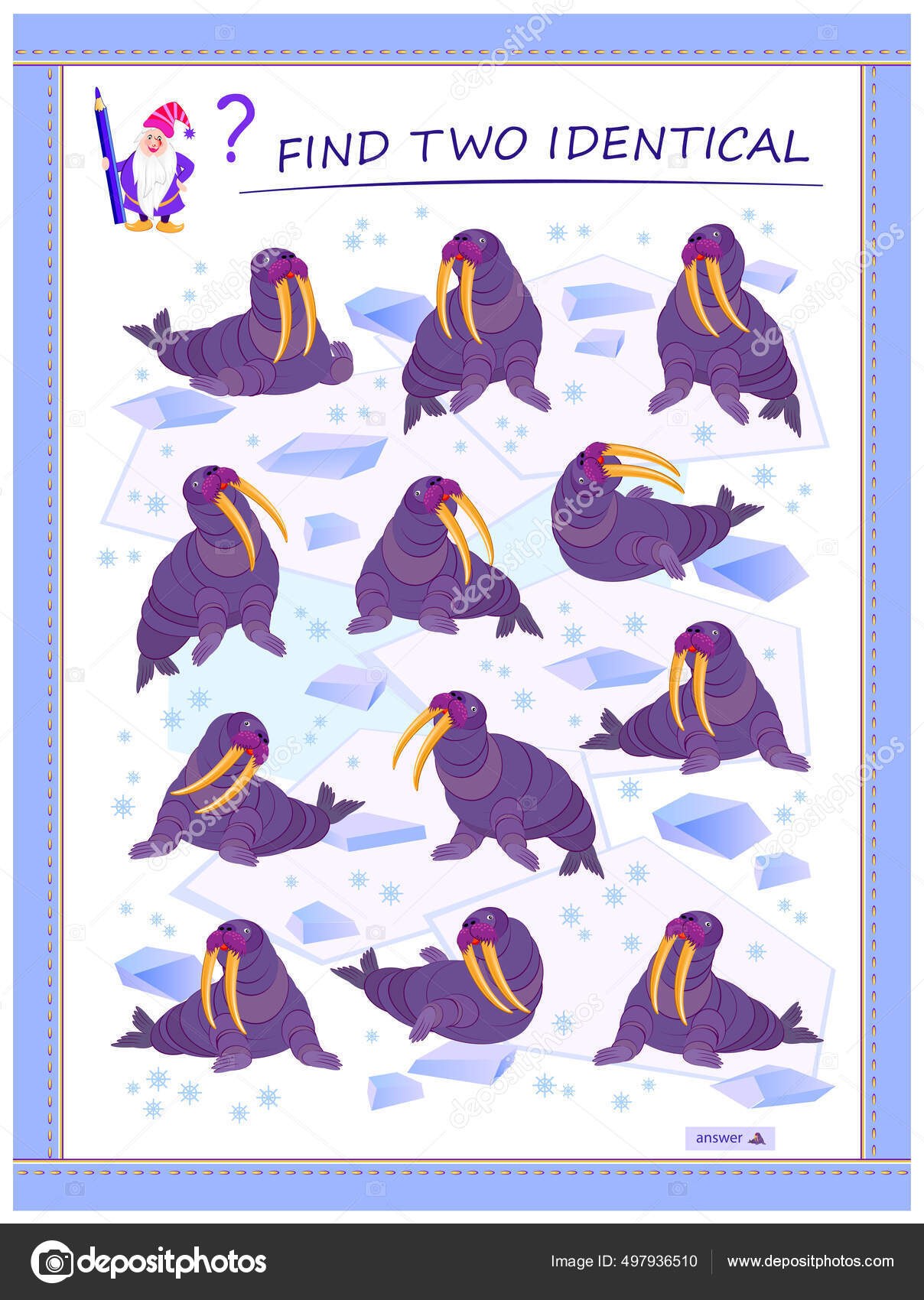 Logic Puzzle Game Children Adults Find Two Identical Walruses Memory ...