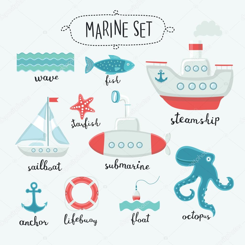 Marine cute elements and lettering name in English — Stock Vector ...