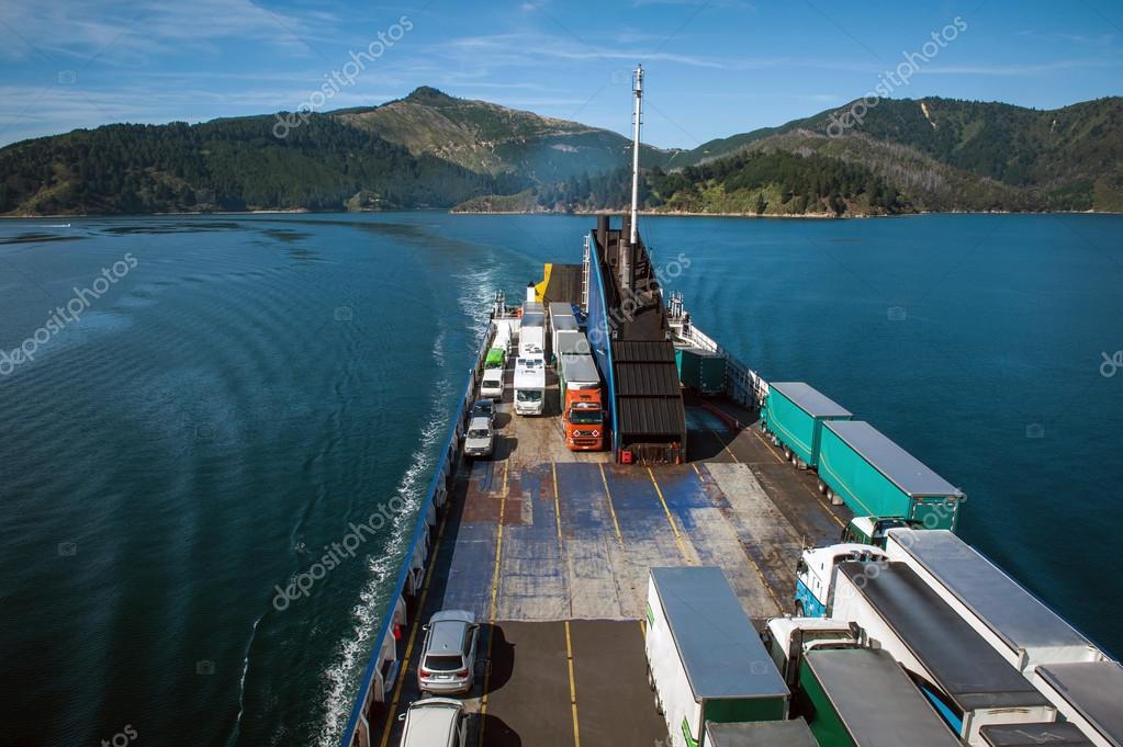Ferry loaded with trucks and cars traveling from Wellington to Picton ...