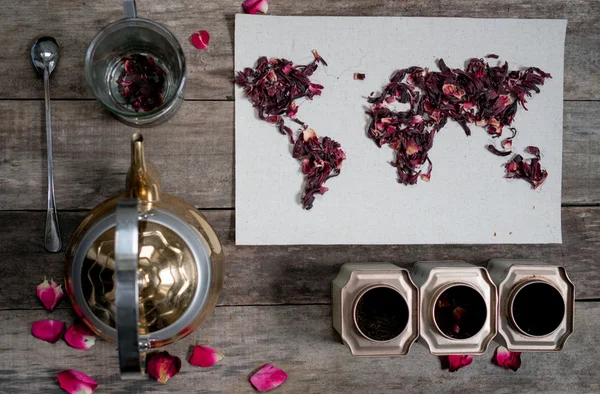 map of the world, lined with tea leaves on old paper. Eurasia, America ...