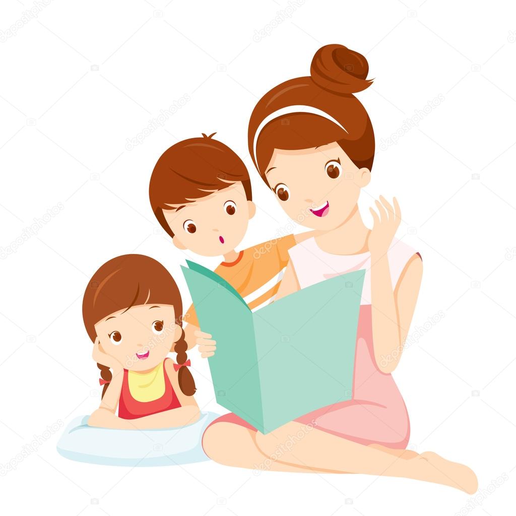 Madre leyendo libro de cuento a hija e hijo 2022