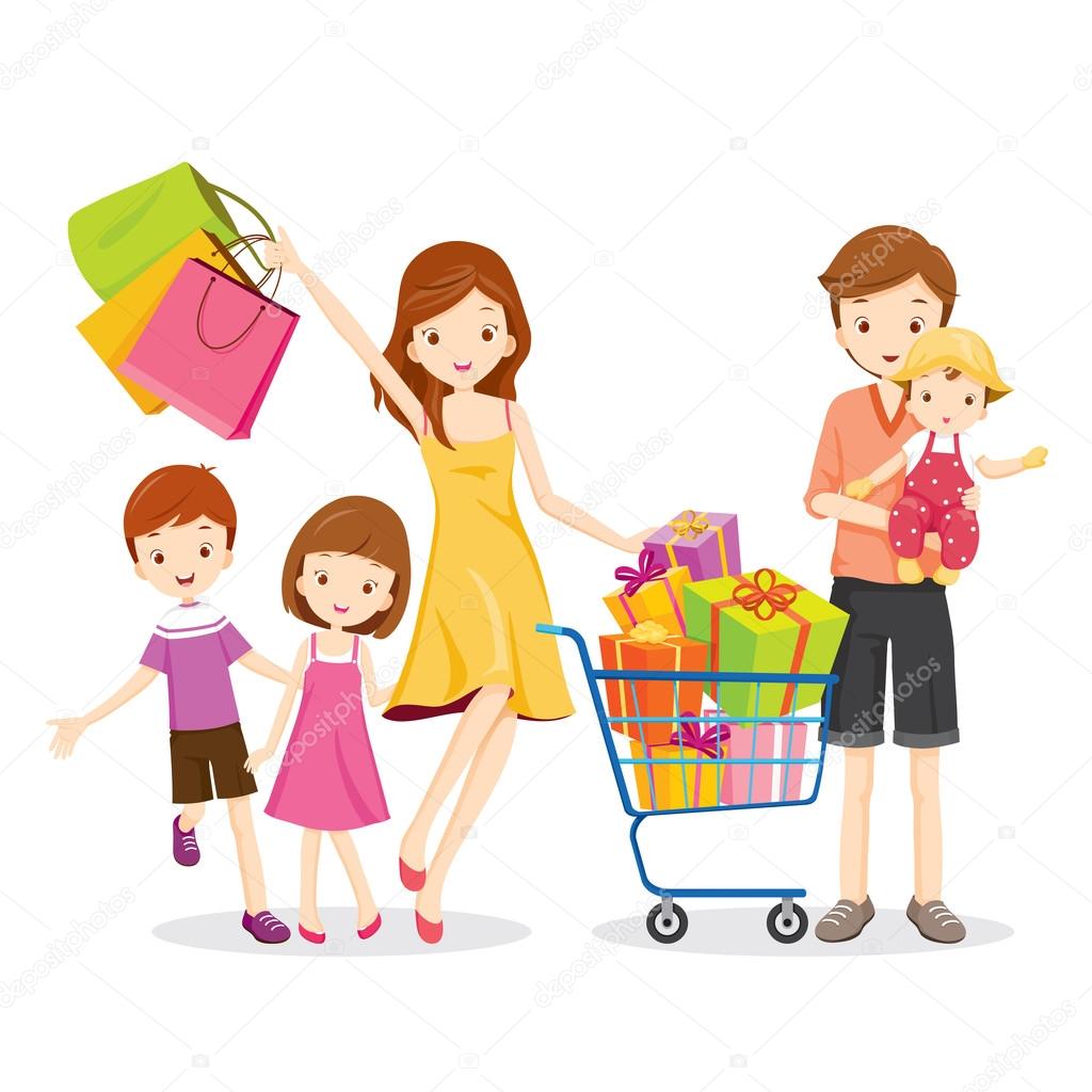 Compras familiares y caja de regalo en el carrito de compras Vector de ...