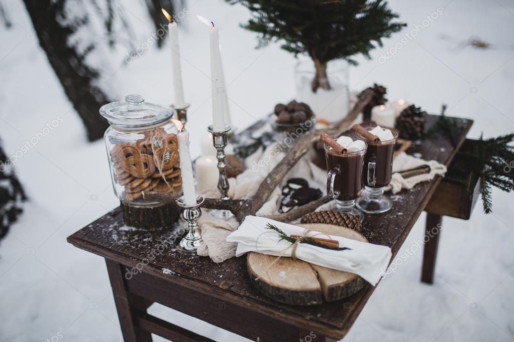 Winter romantic picnic in forest. Hot cocoa with marshmallows — Stock ...