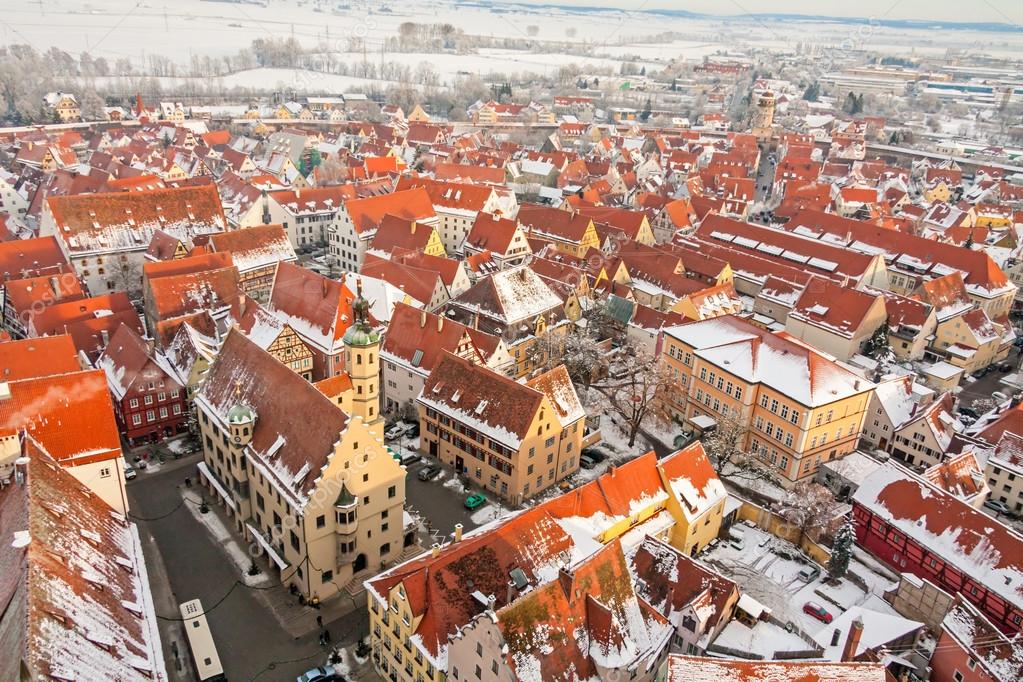 Panoramic top view on winter medieval town within fortified wall ...
