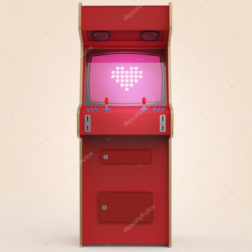 Vintage arcade game machine cabinet with pixel heart icon colorful ...