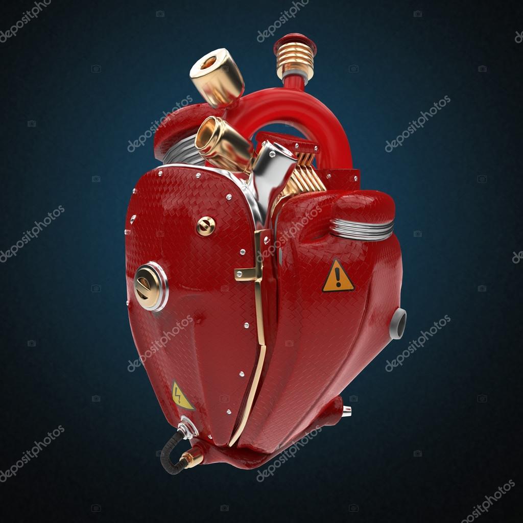 Diesel punk robot techno heart. engine with pipes, radiators and glossy ...