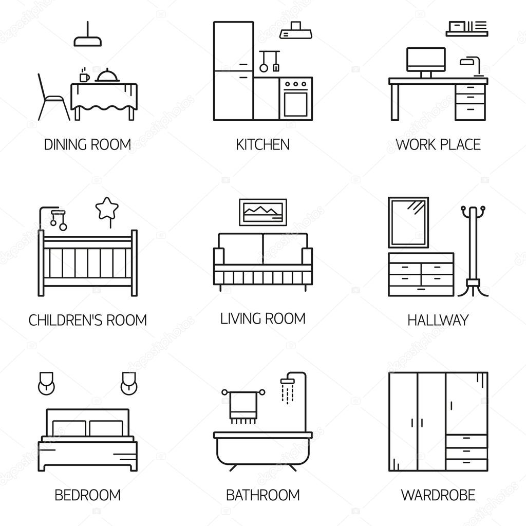 Set of line vector interior design room types icons. Stock Vector by ...