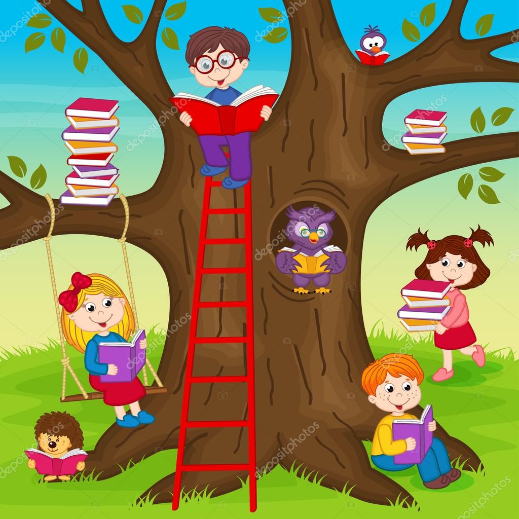 Children Reading Under Tree Clipart