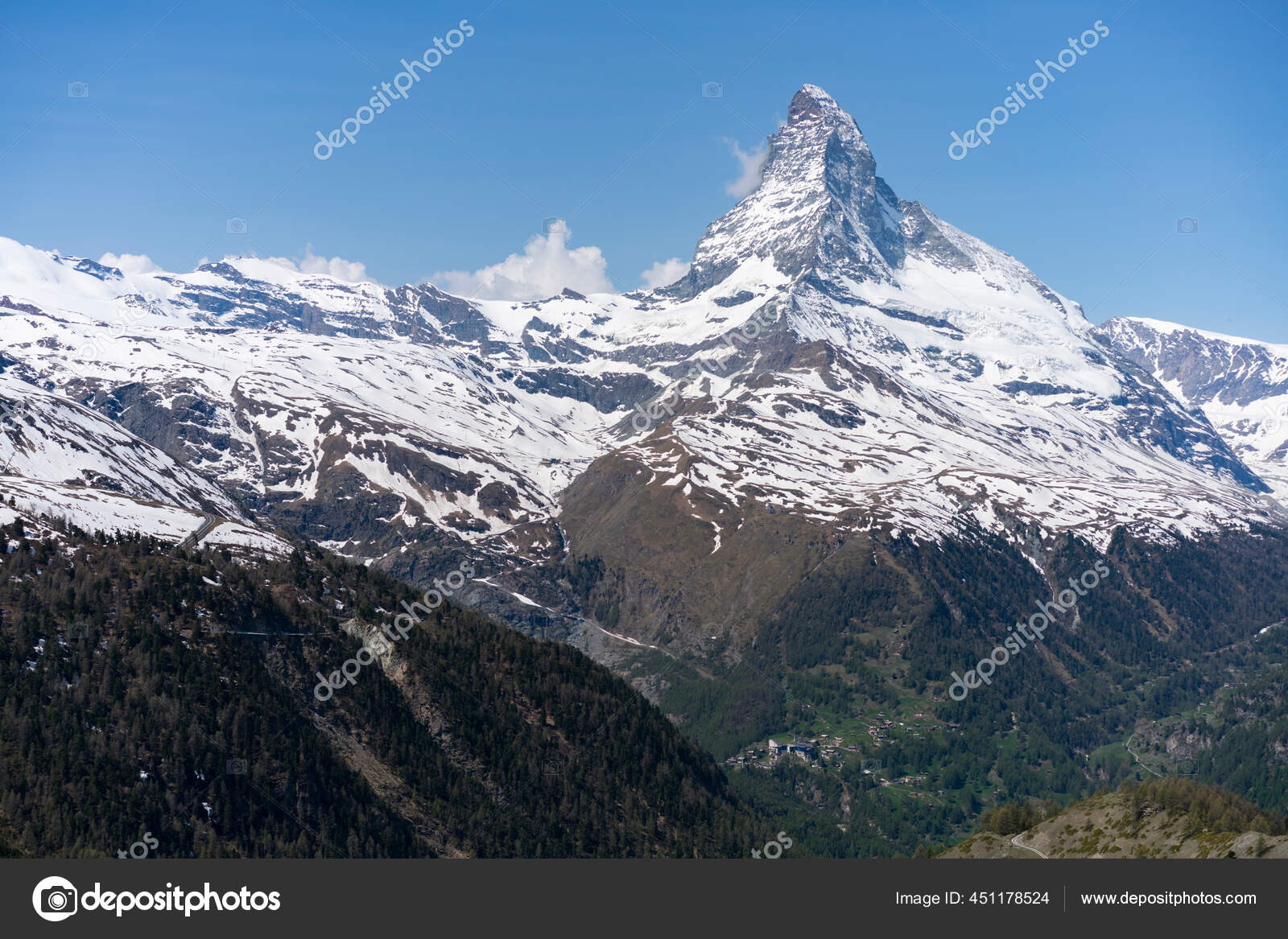 A wide angle spring morning view of the matterhorn mountain from near ...