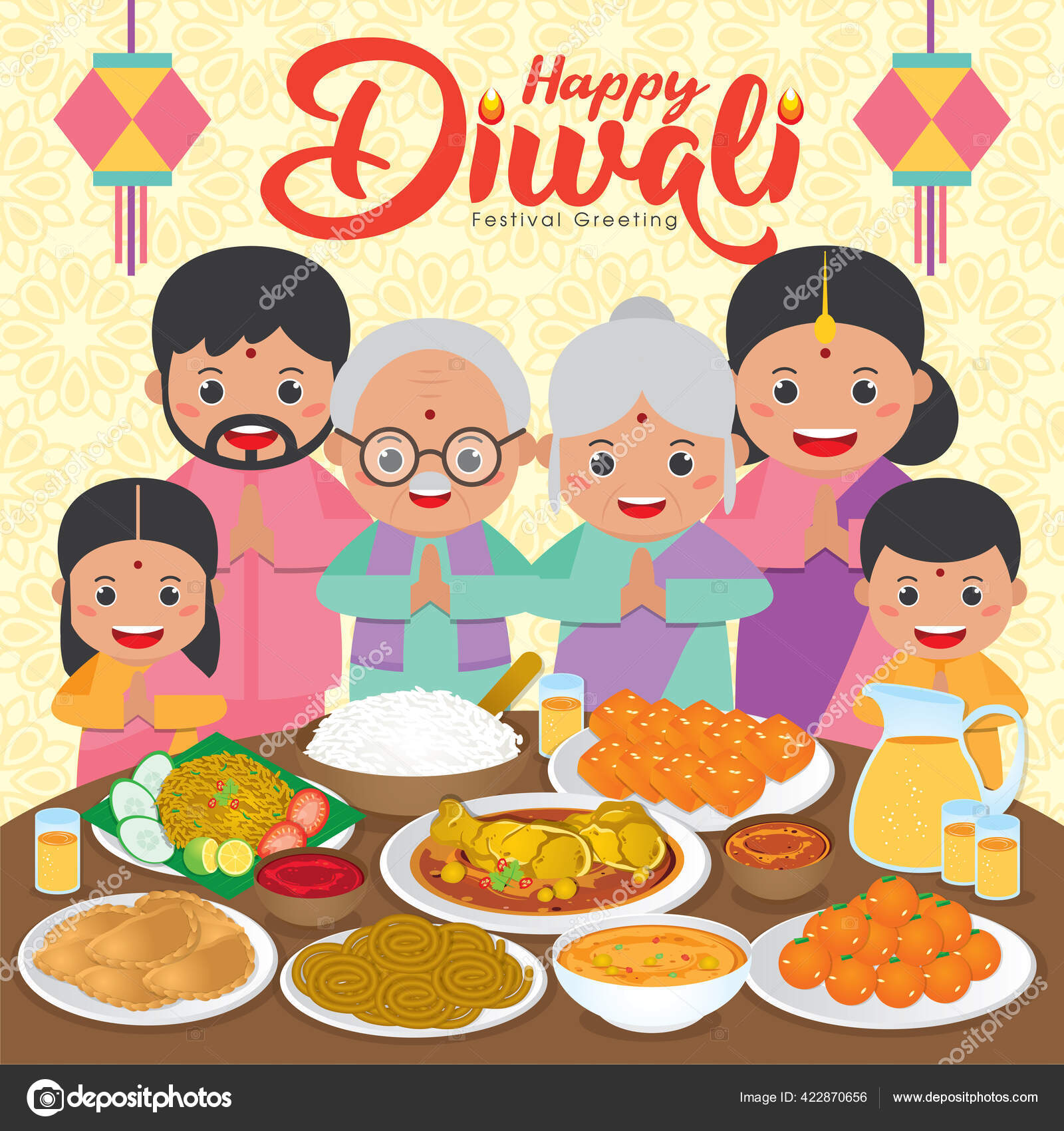 Diwali Deepavali Vector Illustration Indian Family Reunion Dinner Enjoy ...