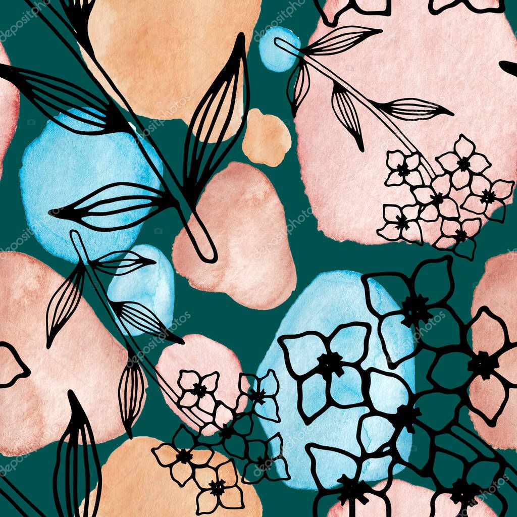 Patr n creativo sin costuras con flores de arte de l nea y hojas en manchas de acuarela. Moderna ...
