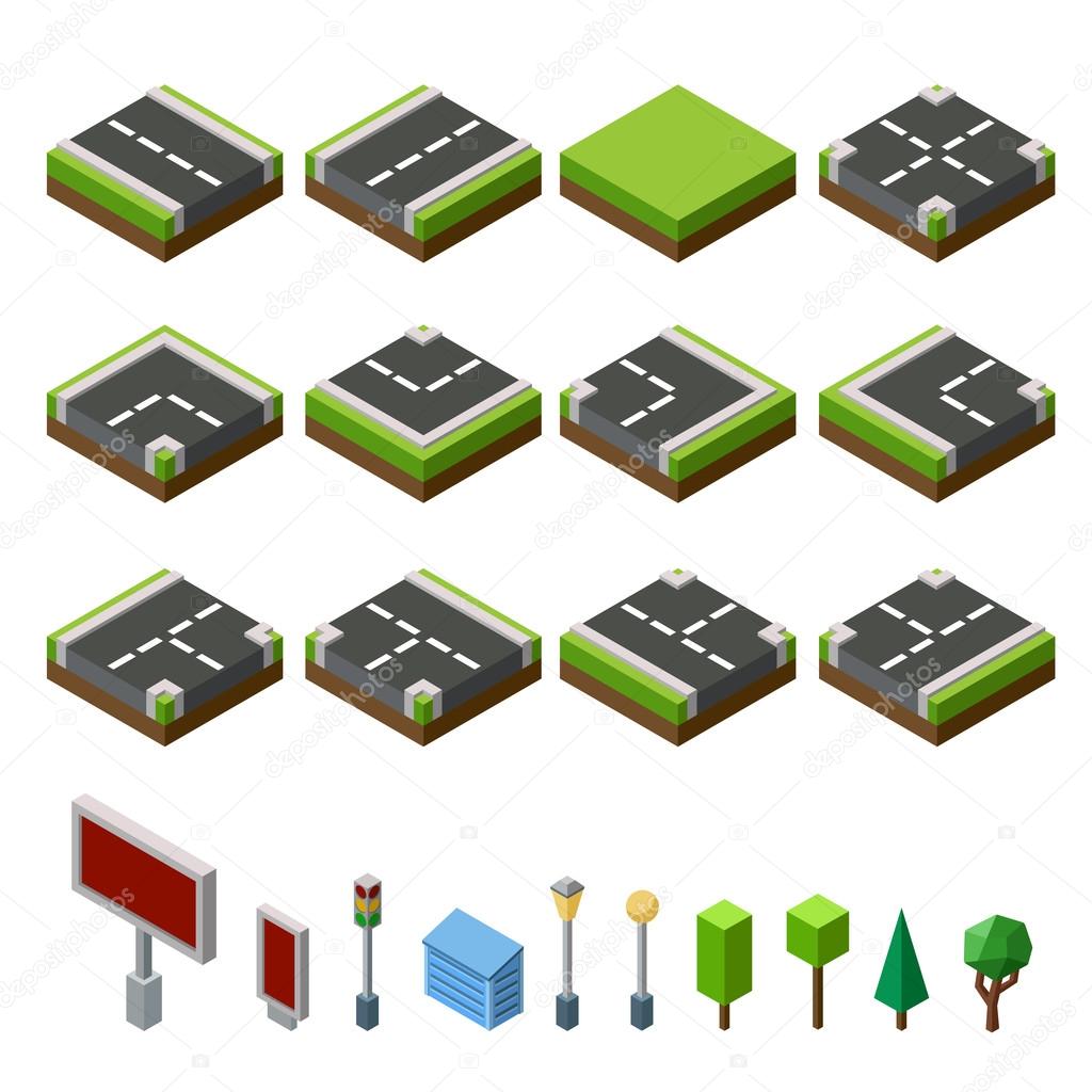 Flat 3d isometric street game tiles icons infographic concept set. City ...