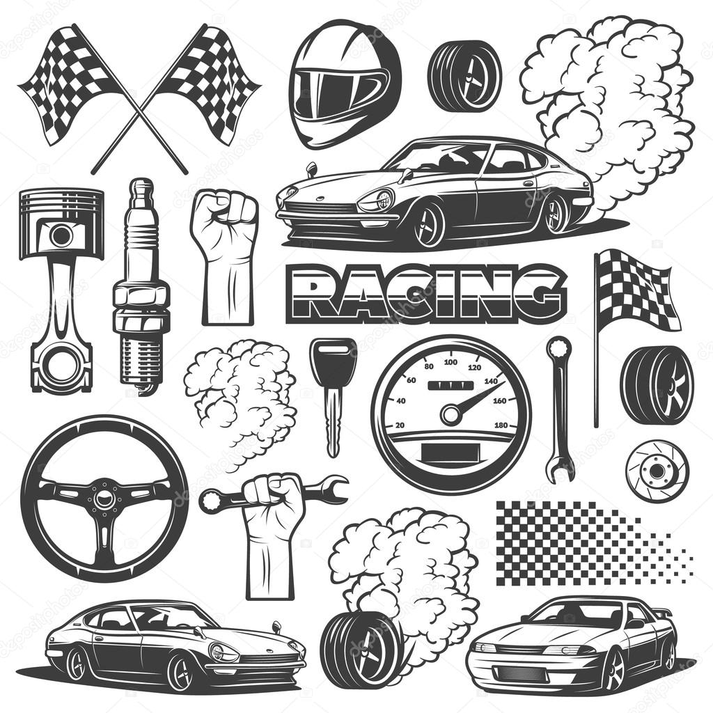 Car racing black isolated monochrome icon set with objects and ...