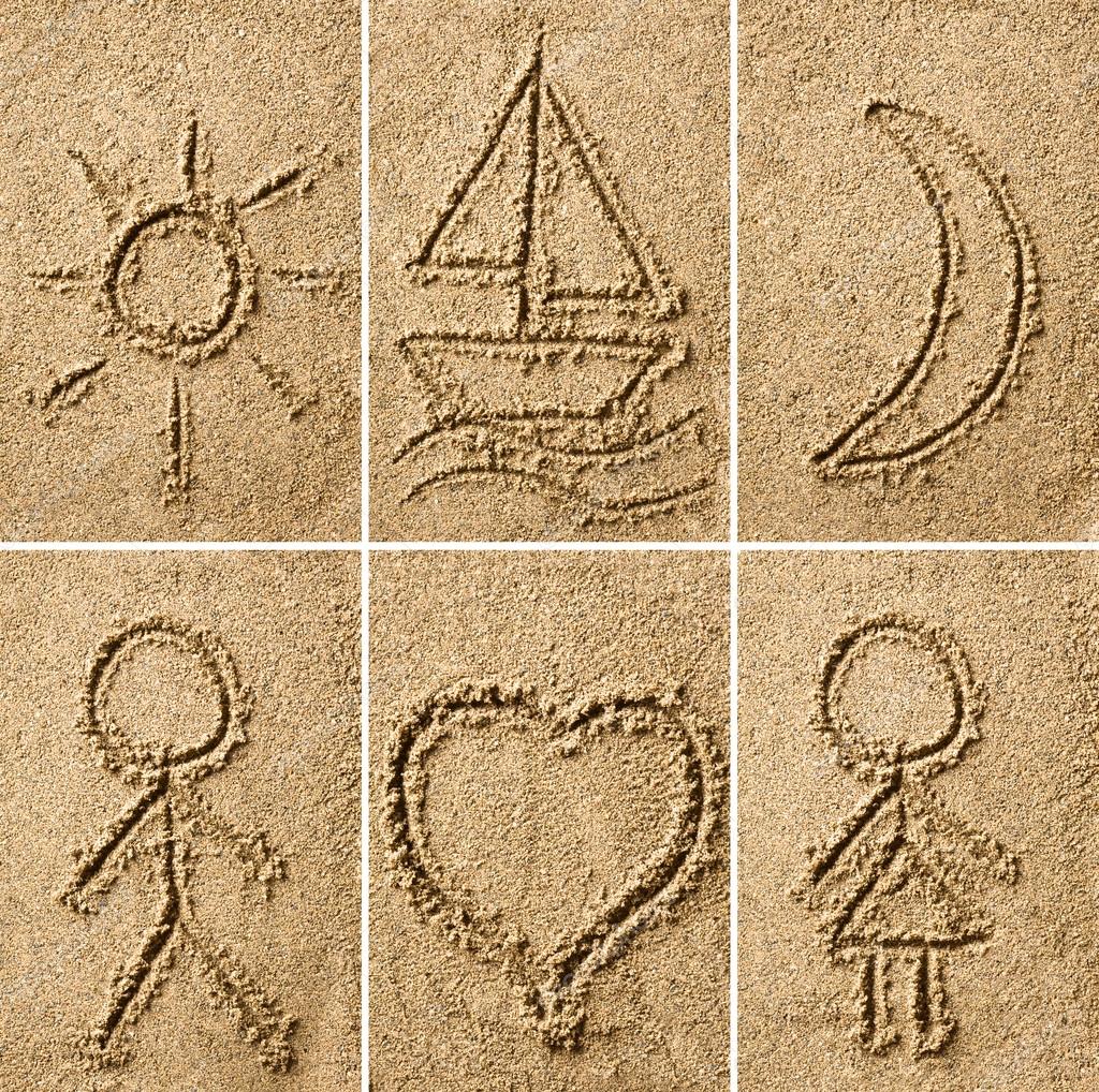 Sand writing with holiday and love drawing — Stock Photo © info ...