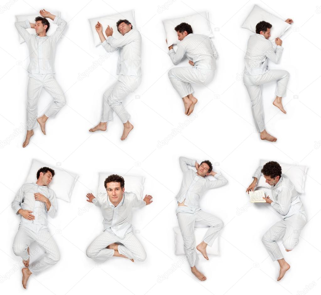 Beautiful young man sleep pose composition set isolated on white Stock ...