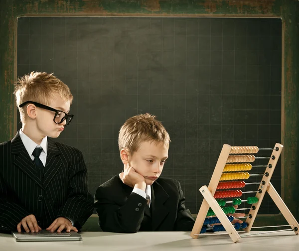 Young clever scientist children students write on blackboard Stock ...