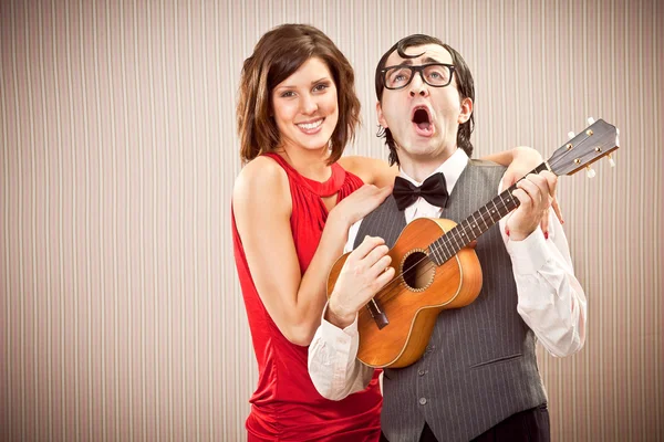 Nerd man boyfriend get woman he love by cupid arrow and play song with ...